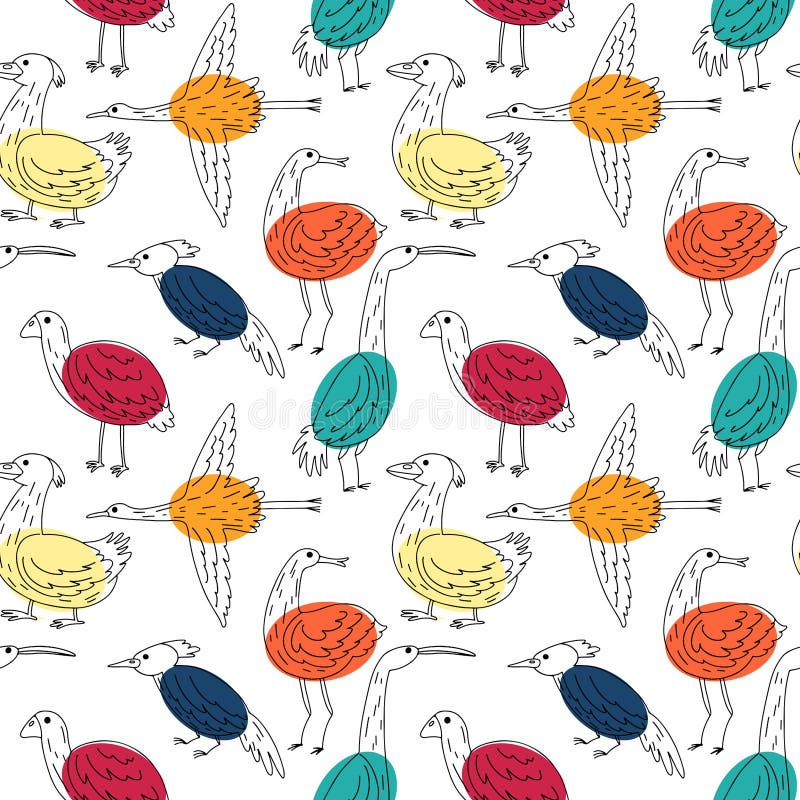 Cute Birds Seamless Pattern. Collection of Doodle Hand Drawn Birds ...