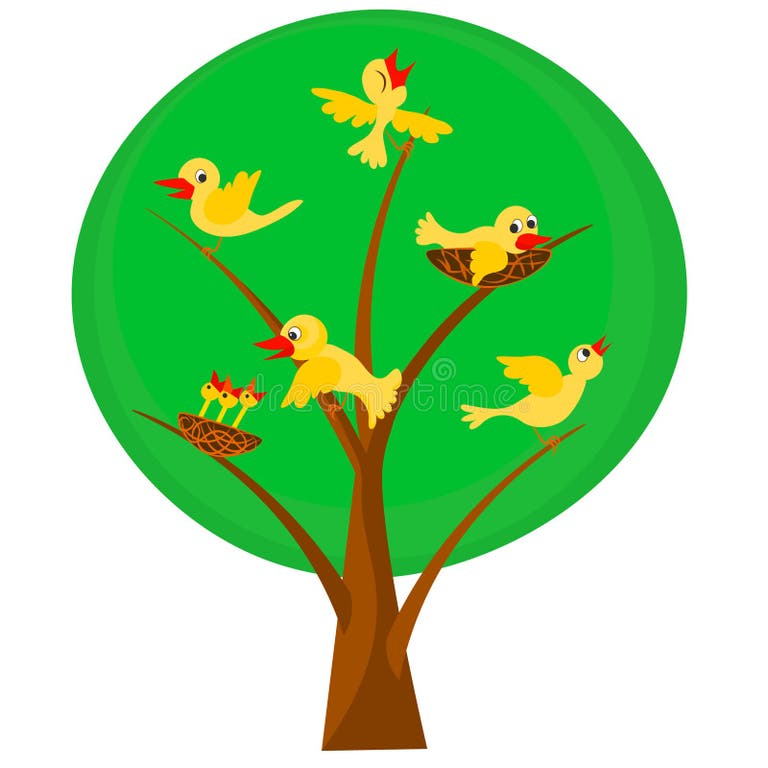 Cute Birds on Tree. Vector Color Illustration. Stock Vector ...