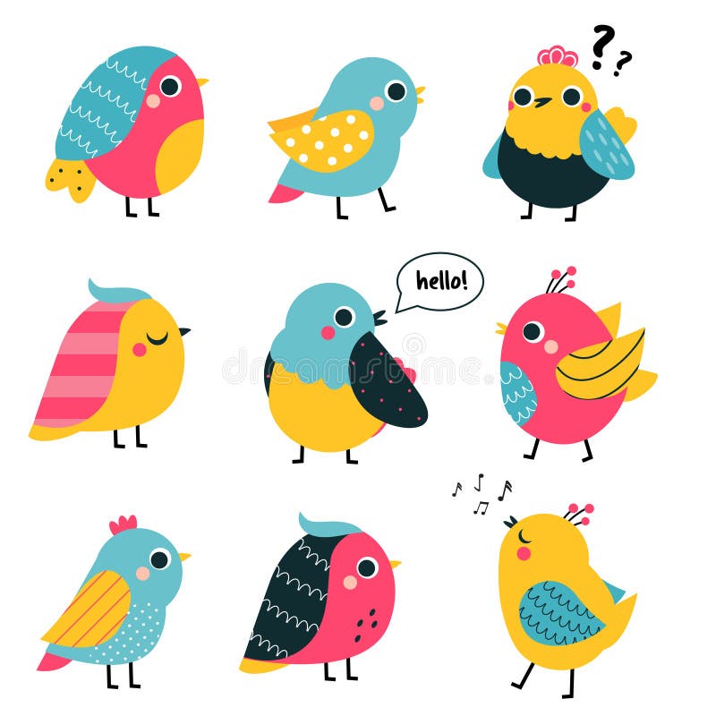 Cute Birds. Vector Collection of Funny Cartoon Birds Stock Vector ...