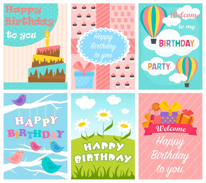 Cute Birthday Card Set. Vector Illustration. Stock Vector ...