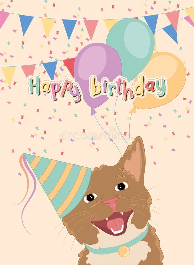 Cute Birthday Invitational Card with a Happy Cat Vector Stock Vector ...