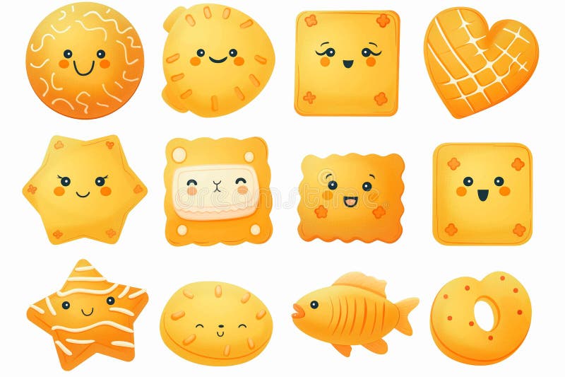 Cute Biscuit Characters Vector Illustrations Set. Funny Smiling Cookies ...