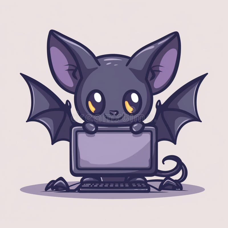 Cute Black Bat Character Using a Laptop in a Playful Design. Stock ...