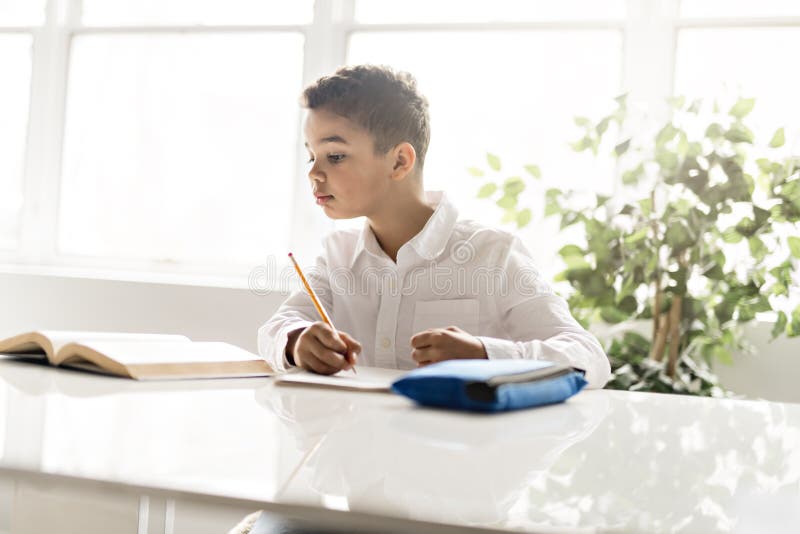 A Cute Black Boy Doing Homework at Home Stock Photo - Image of note ...