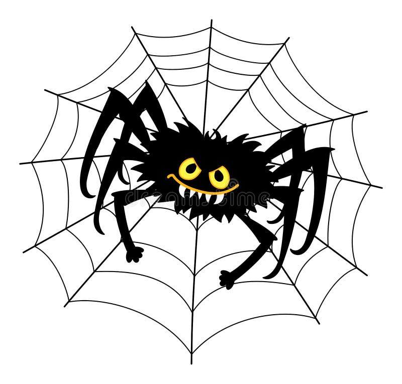 Cute Black Cartoon Spider Hanging on Cobweb. Vector Halloween Spider ...