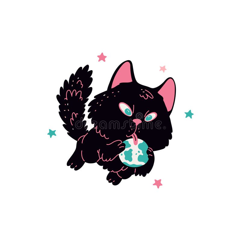 Cute Black Cat Astronaut Licks A Ball Of Earth Vector Kitten Cosmonaut