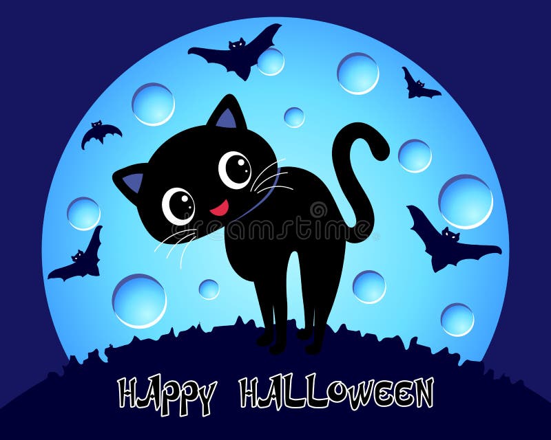 Cute Black Cat and Bats on the Background of the Night Moon. Halloween ...