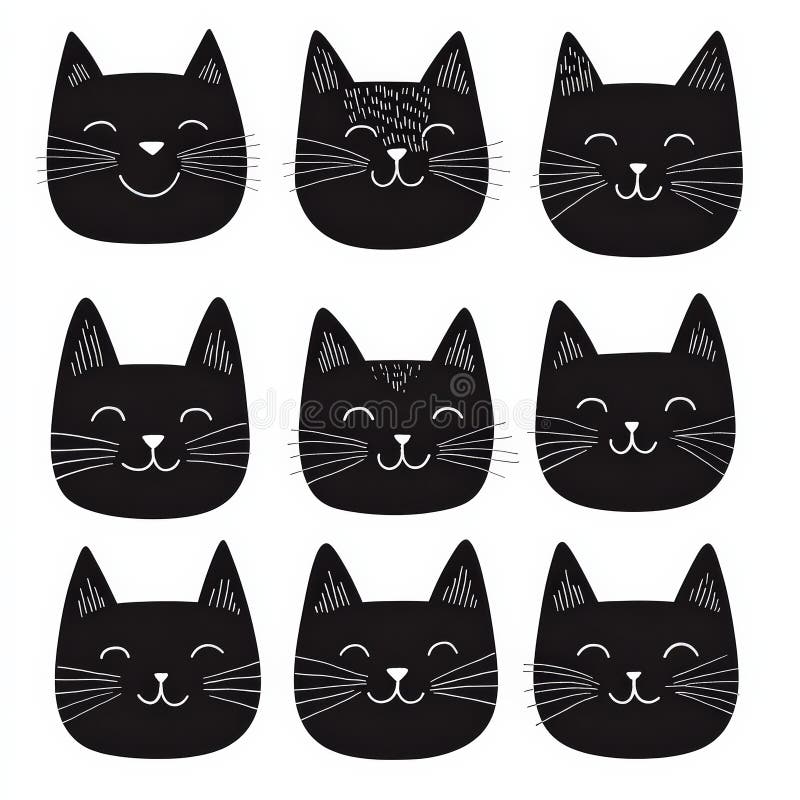 Cute Black Cat Faces in a Fun Grid Pattern for Kids and Pets Stock ...