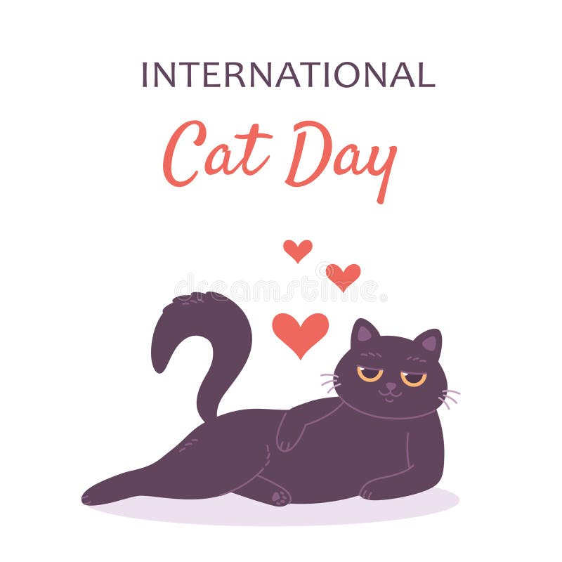 Cute Black Cat with Hearts. International Cat Day. Vector Illustration ...