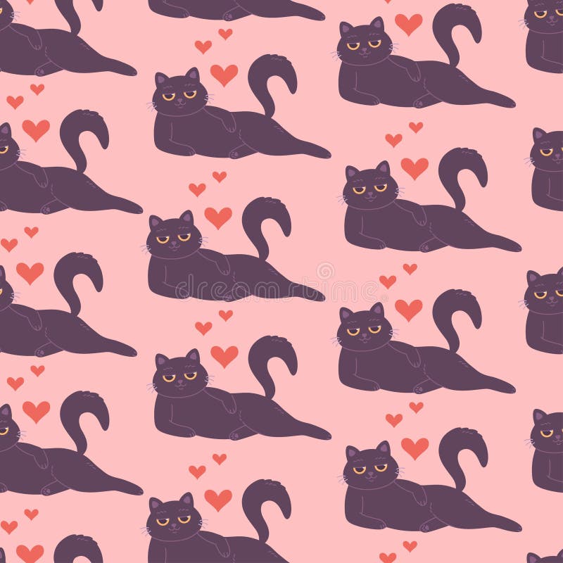Cute Black Cat with Hearts Seamless Pattern. Valentines Day, Falling in ...