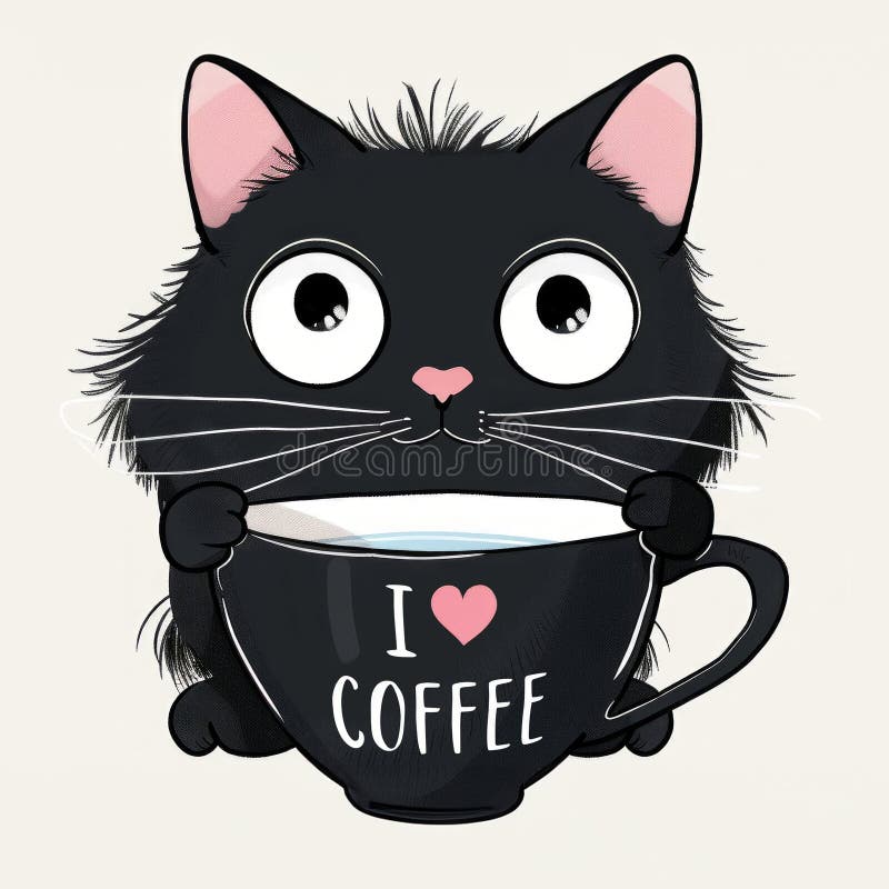 Cute Black Cat Holding a Large Coffee Mug with Whimsical Expression ...
