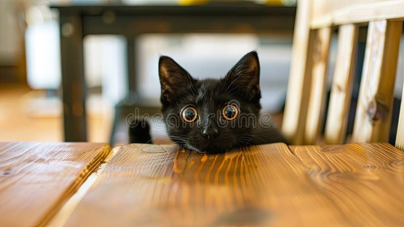 Cute Black Cat Peeks Out from Under the Table Stock Illustration ...