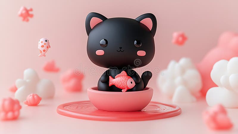 Cute Black Cat in a Pink Boat with Fish Stock Illustration ...