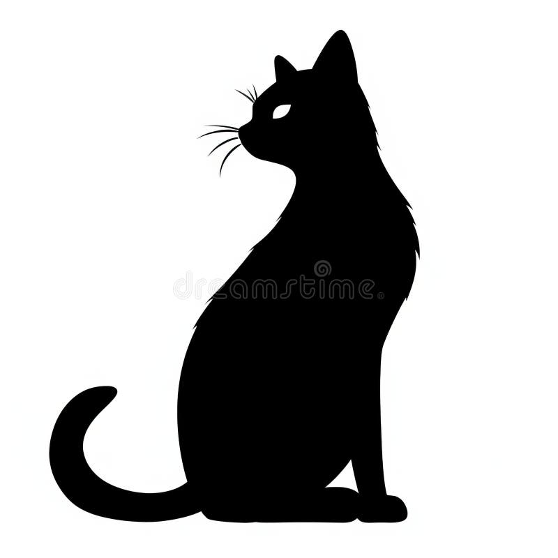 Cute Black Cat Silhouette Detailed Animated Style Vector Drawing Stock Illustration