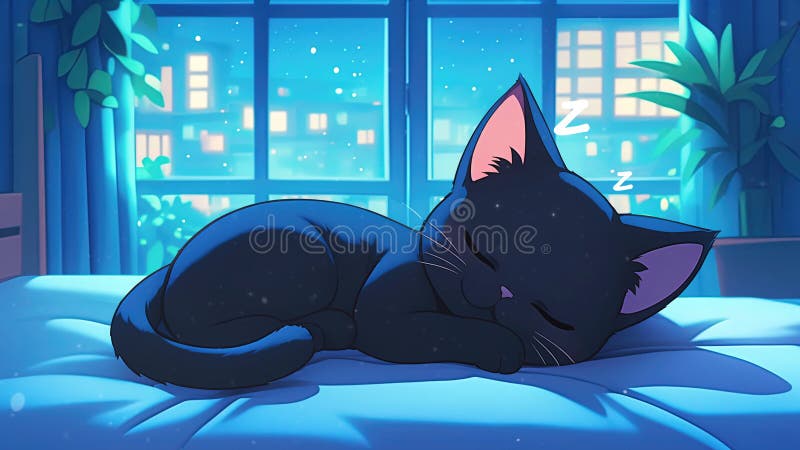 A Cute Black Cat Sleeping on a Bed with a City View. Stock Video ...