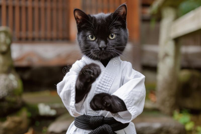 A Cute Black Cat in a White Kimono Karate Uniform Takes an Exercise ...