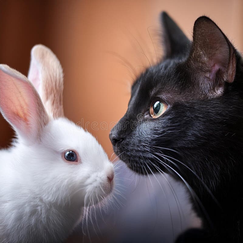 Cute Black Cat and Cute White Rabbit, Detail of the Face, AI Generated ...