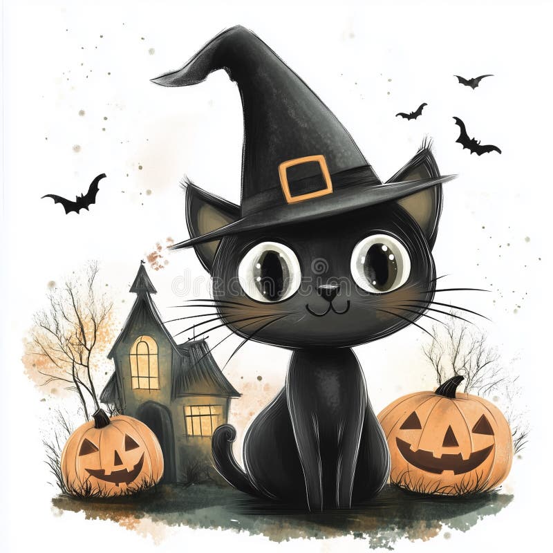 Cute Black Cat in Witch Hat with Jack-o-lanterns and Haunted House ...
