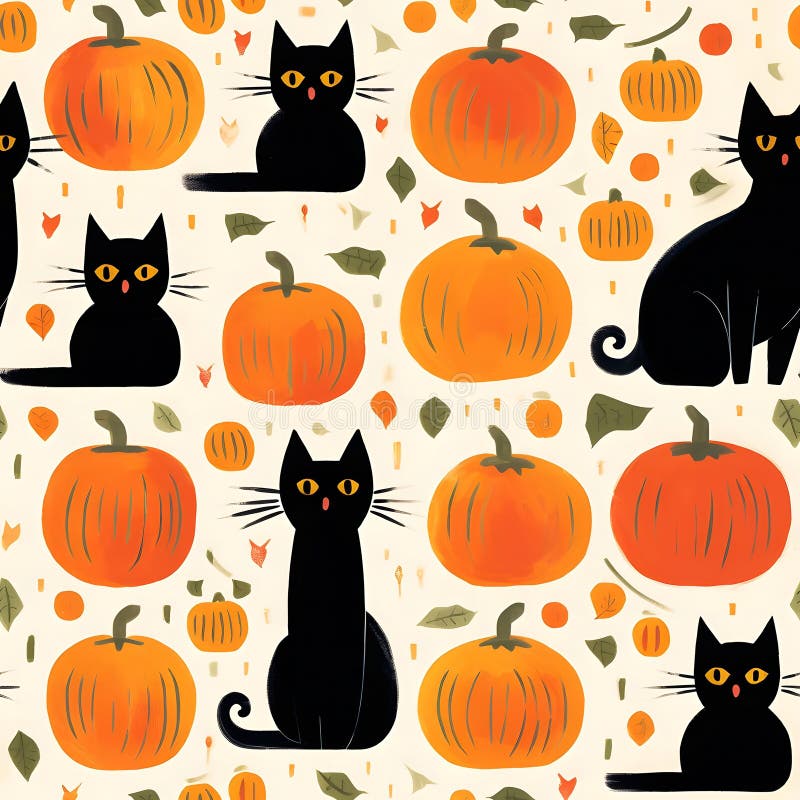 Cute Black Cats and Pumpkins Pattern Stock Illustration - Illustration ...