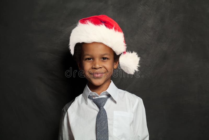 Cute Black Child Boy in Santa Hat Smiling, Portrait Stock Photo - Image ...