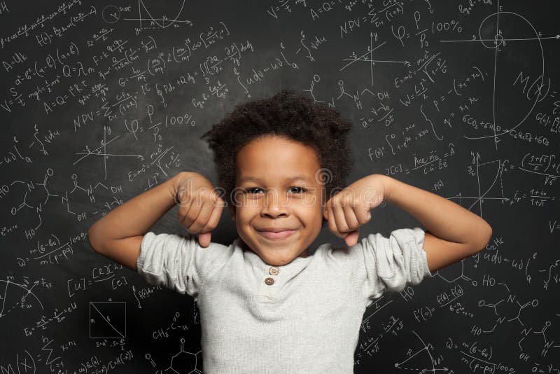 Happy Smart Black Child Student Blackboard Background Science Maths ...