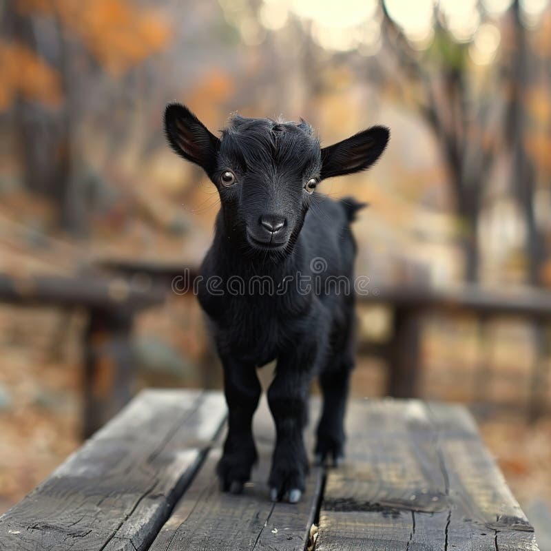 Cute Black Dwarf Goat Looking at Camera while Standing on Wooden Table ...