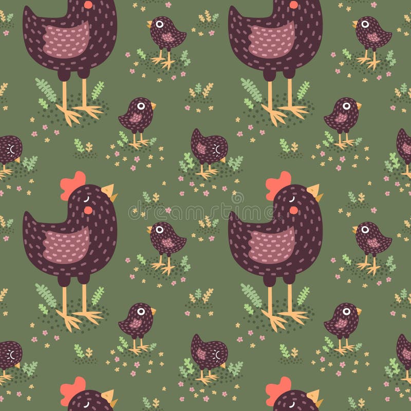 Cute Black Hens with Baby Chickens Vector Seamless Pattern Stock Vector ...