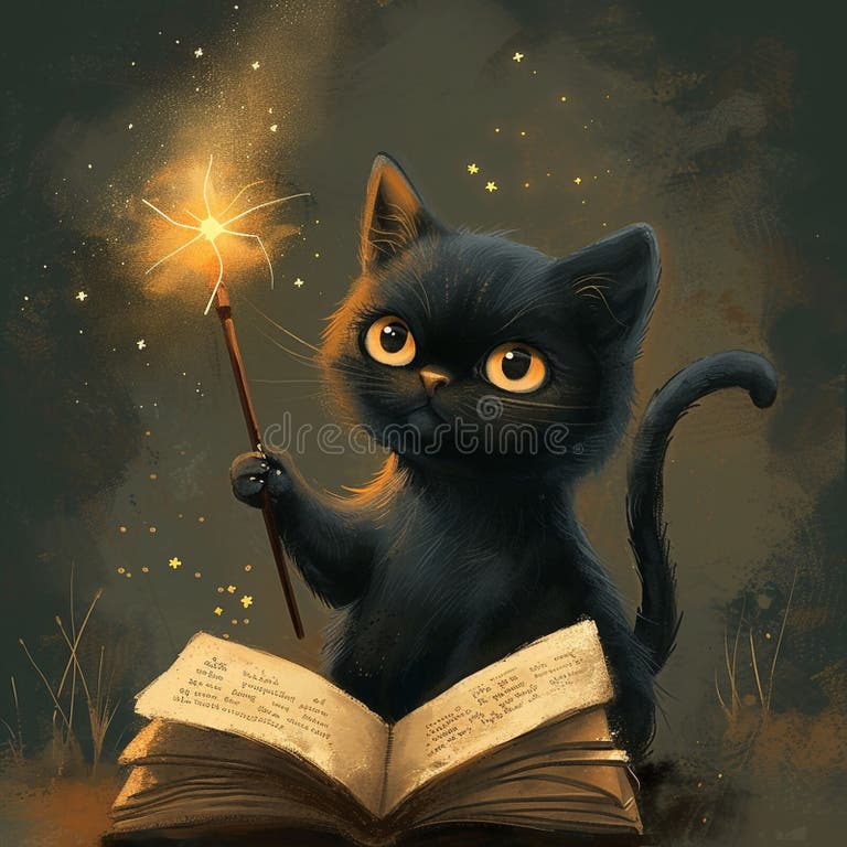 Cute Black Kitten Casting Magic from an Enchanted Book. Stock ...