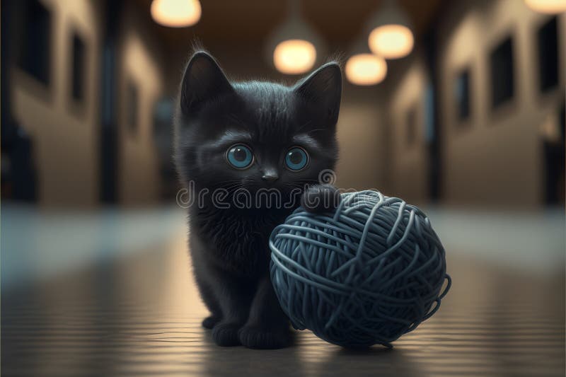 Cute Black Kitten Plays with a Ball of String Created with Generative ...