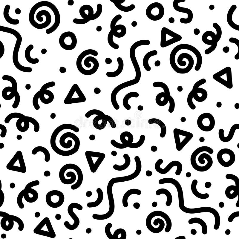 Cute Black Line Squiggle Doodle Seamless Pattern in Memphis Style ...