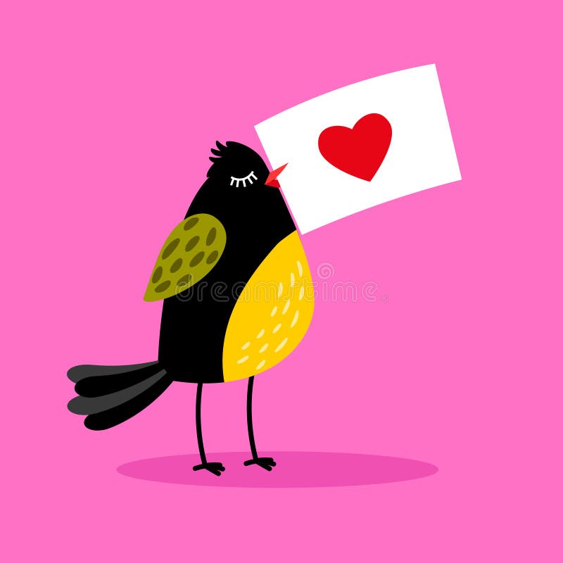 Cute Black Little Bird with Red Heart Card Stock Vector - Illustration ...