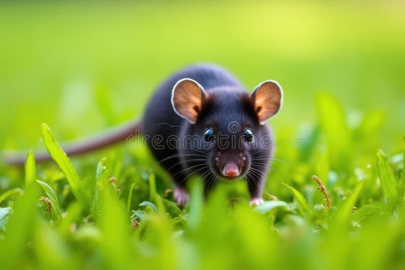 Cute Black Mouse Grazing on Lawn Stock Illustration - Illustration of ...