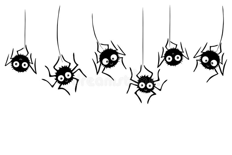 Cute Black Spiders Dangle and Swing on the Web. Hand Drawn, Isolated ...