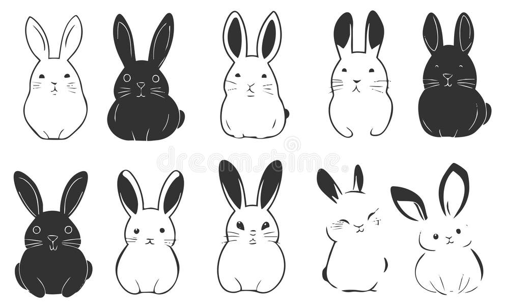 Cute Black and White Bunny Illustrations with Various Expressions and ...