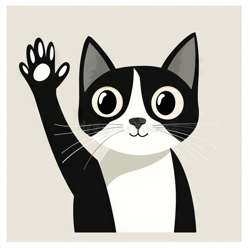 Cute Black and White Cat Waves Hello Stock Illustration - Illustration ...