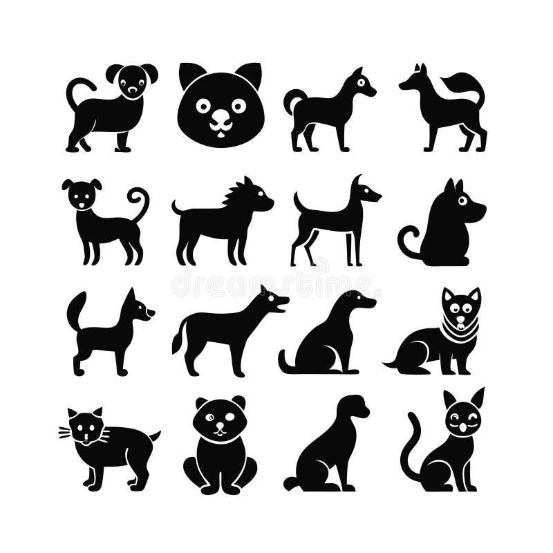 Dog and Cat Vector Icons: Black and White Illustration of Pets Stock ...