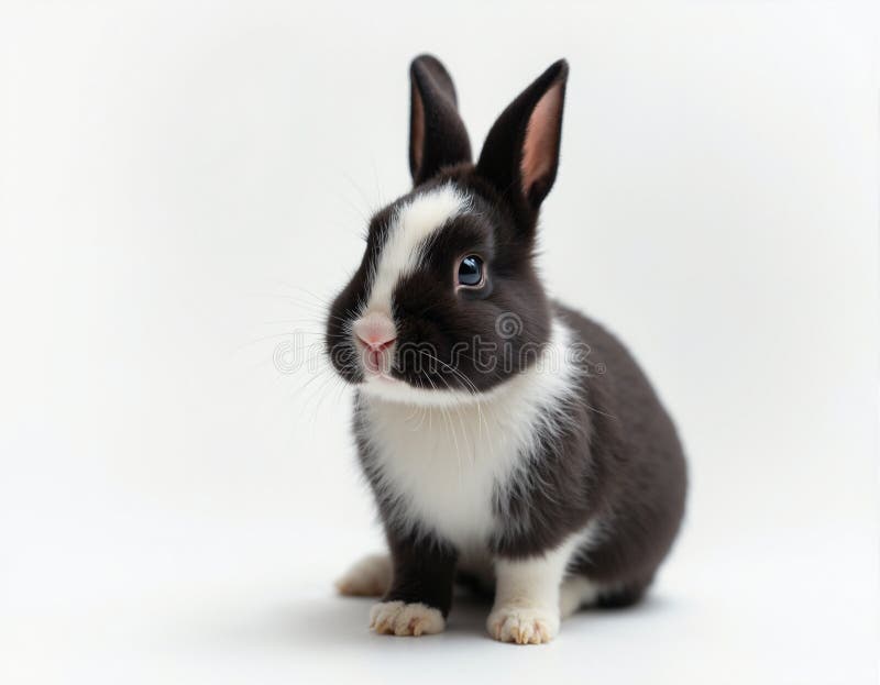 Cute Black and White Rabbit Alone Posing on White Background Stock ...