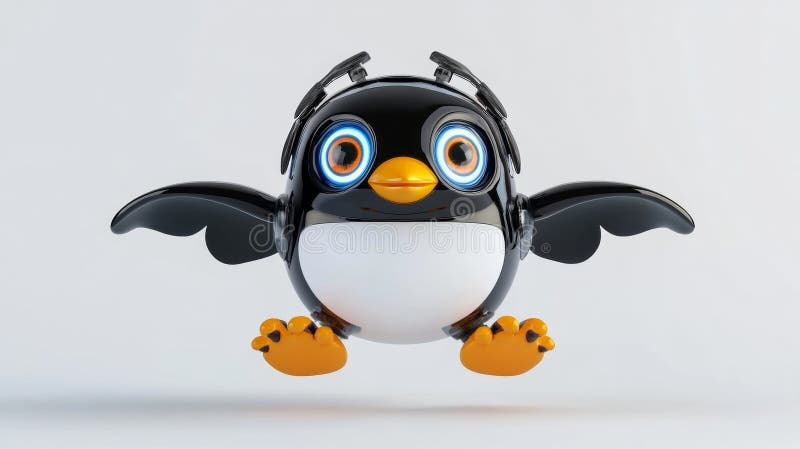 Cute Black and White Robot Penguin with Orange Feet Flying Stock ...