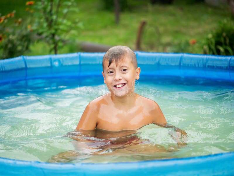 Cute Blond Boy Bathing in a Small Pool. Stock Illustration ...