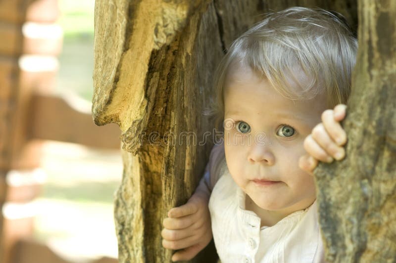 Cute Blond Child Inside Hollow Stock Photo - Image of person, looking ...