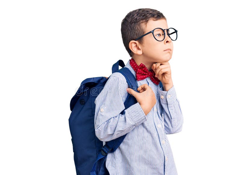 Cute Blond Kid Wearing Nerd Bow Tie and Backpack Serious Face Thinking ...