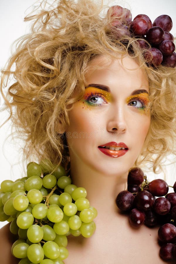 Cute Blond Woman with Creative Make Up and Grapes Stock Photo - Image ...