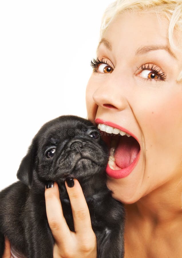 Cute Blonde with a Pug Puppy Stock Image - Image of laughing, elegant ...