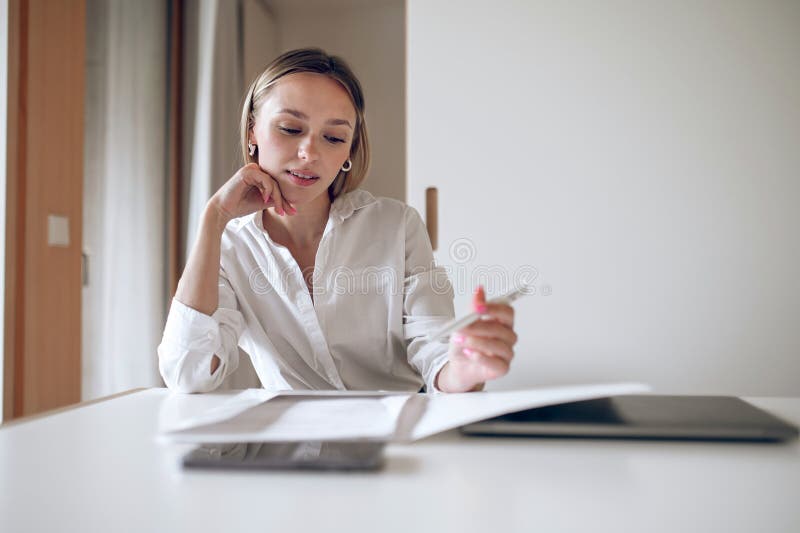 Cute Blonde Young Wo,an Working with Documents Stock Image - Image of ...