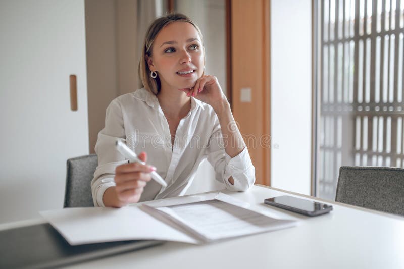 Cute Blonde Young Wo,an Working with Documents Stock Photo - Image of ...