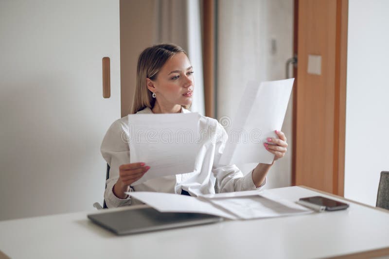 Cute Blonde Young Wo,an Working with Documents Stock Image - Image of ...