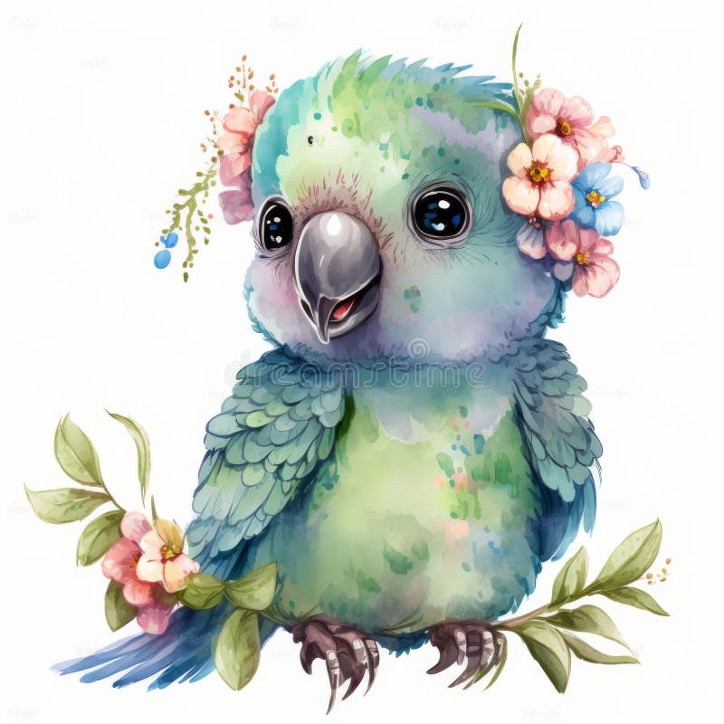 Cute Blue Baby Parrot with Flowers Image Generative AI Stock ...