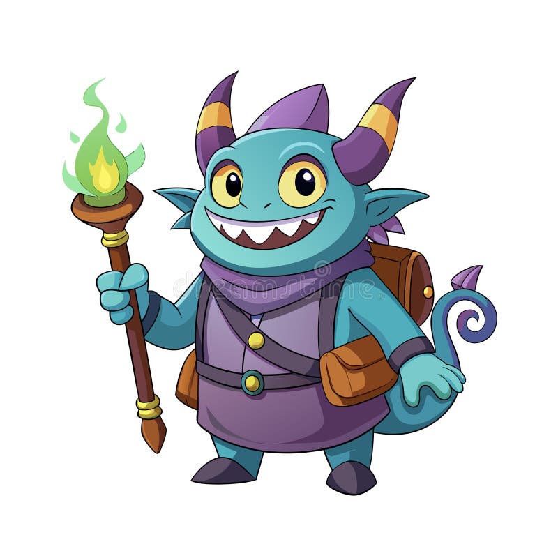 Cute Blue Cartoon Imp with Magic Torch Character for Fantasy Games ...