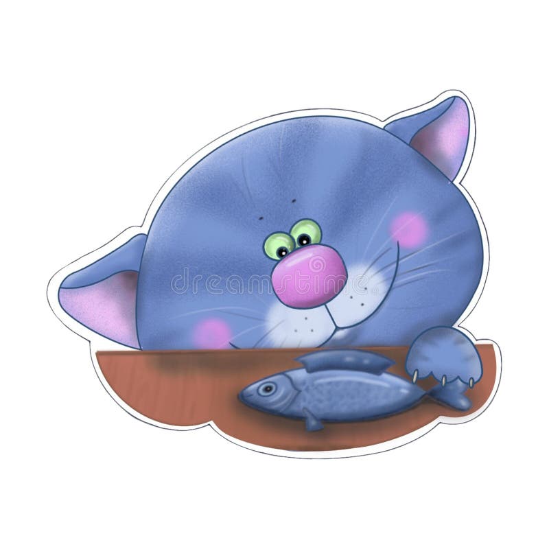 Cute blue cat steals fish stock illustration. Illustration of fish ...