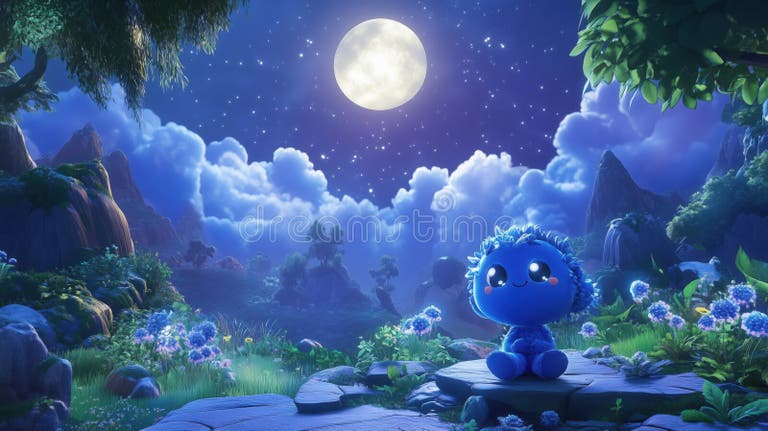 Cute Blue Creature Under Moonlight in Serene Landscape Stock Photo ...